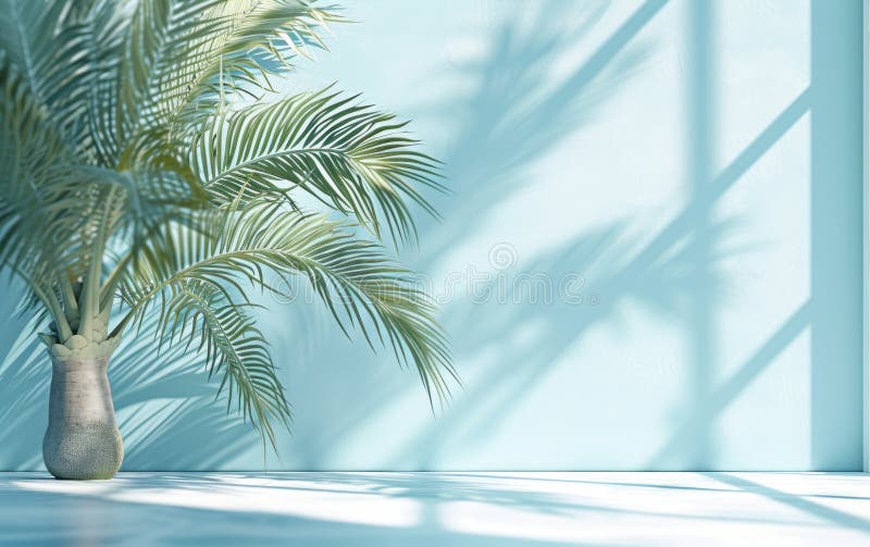 Light Blue Color Room Featuring a Palm Tree in the Foreground Stock ...