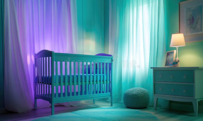 Light Blue Crib in a Lavender-themed Nursery, Glowing Purple and Blue ...
