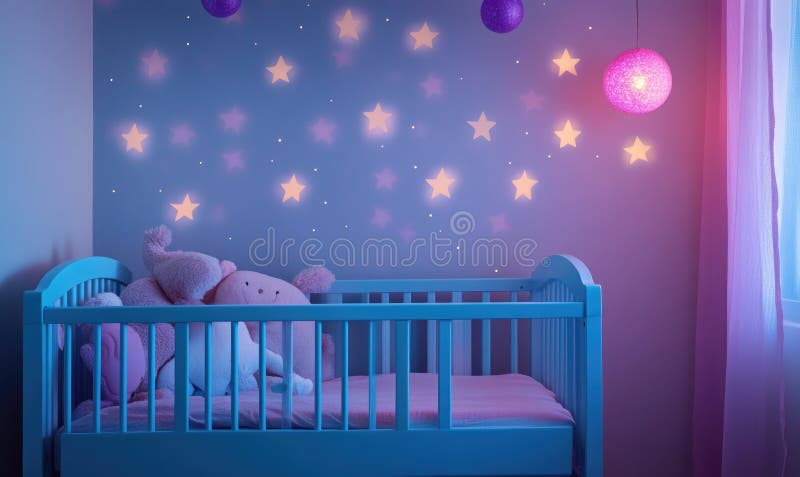 Light Blue Crib in a Lavender-themed Nursery, Glowing Purple and Blue ...