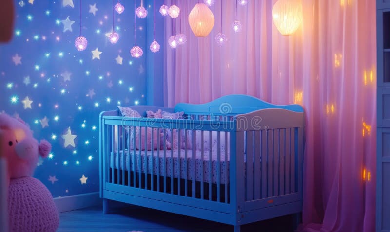 Light Blue Crib in a Lavender-themed Nursery, Glowing Purple and Blue ...
