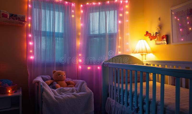 Light Blue Crib with Soft Gray Bedding, Glowing Pink and Purple Lights ...