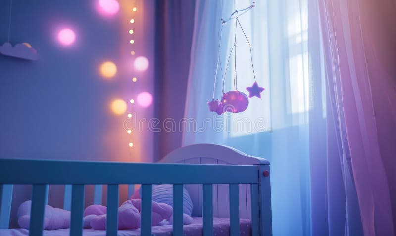 Light Blue Crib with Soft Gray Bedding, Glowing Pink and Purple Lights ...