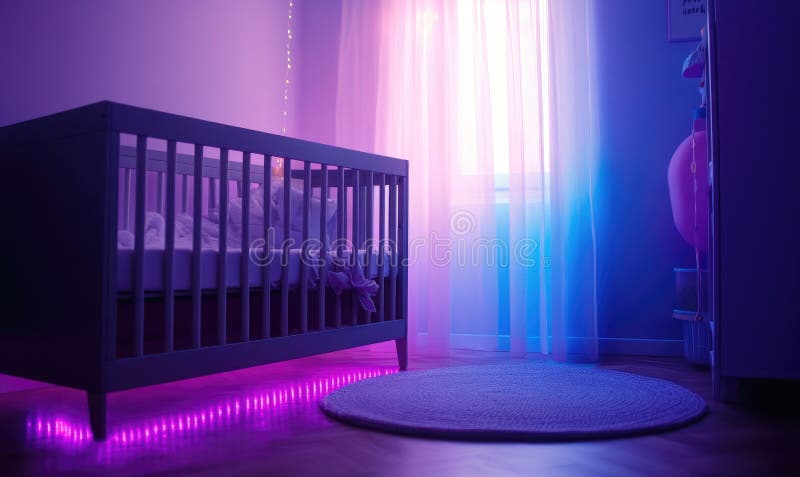Light Blue Crib with Soft Gray Bedding, Glowing Pink and Purple Lights ...