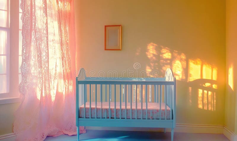 Light Blue Crib Under Soft Pink Lights, Pastel Yellow Walls Stock Photo ...