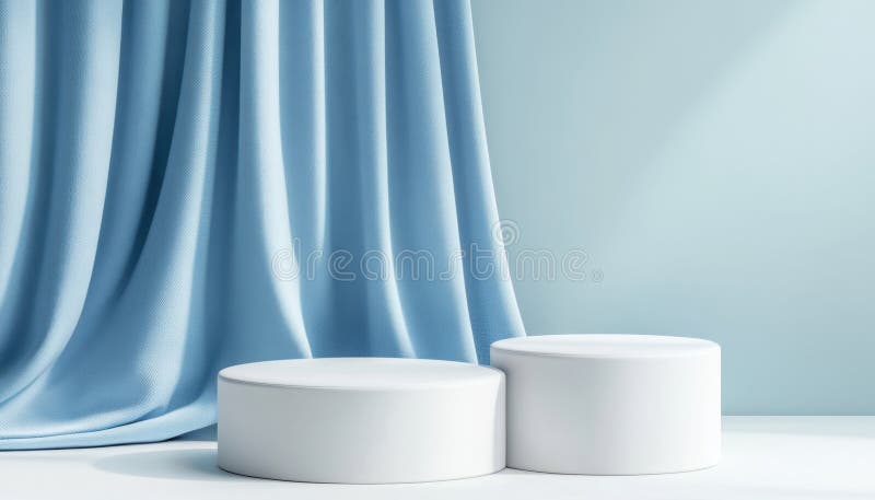 Soft Blue Drapery with Circular White Podiums in a Minimalist Interior ...