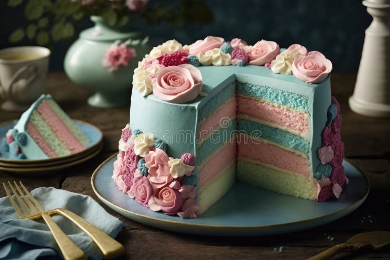 Light Blue Delicious Multi-layered Birthday Cake with Pink Decorations ...