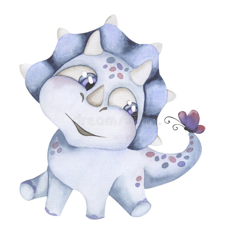 Hand-drawn Watercolor Light Blue Dinosaur with a Butterfly Stock Image ...