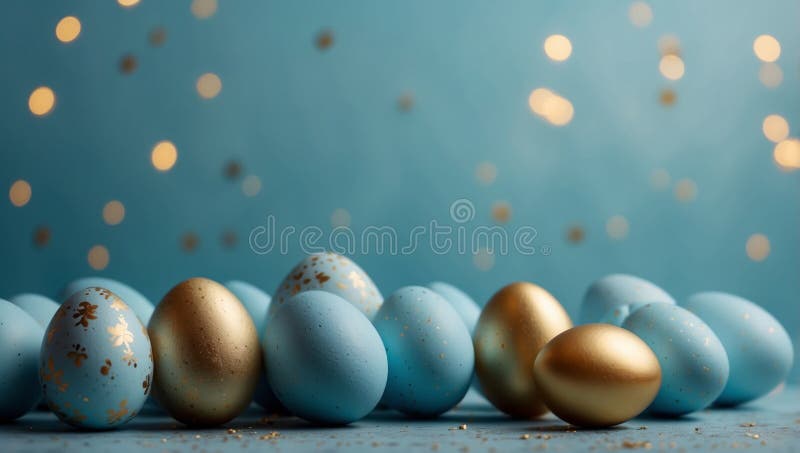 Light Blue Easter Background with Gift Boxes, Gold Eggs, and Space for ...