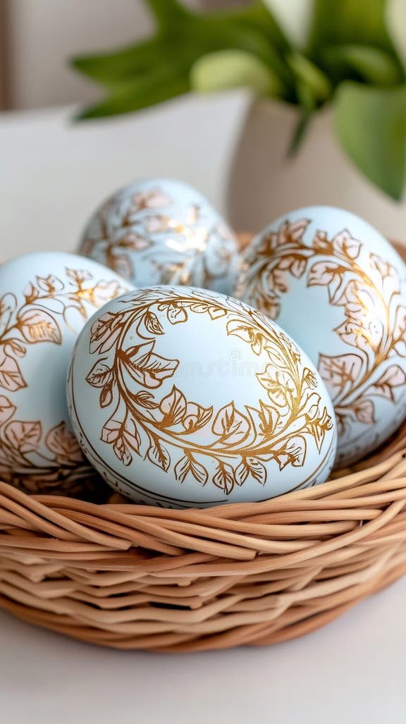 Light Blue Easter Eggs with Gold Floral Pattern Resting in Wicker ...