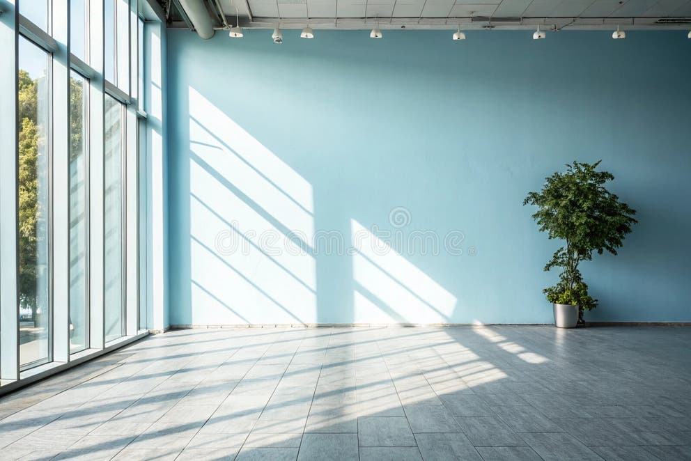 Light Blue Empty Wall with Smooth Floor and Light Glare Stock ...