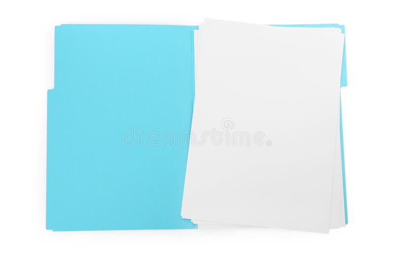 Light Blue File with Blank Sheets of Paper Isolated on White, Top View ...