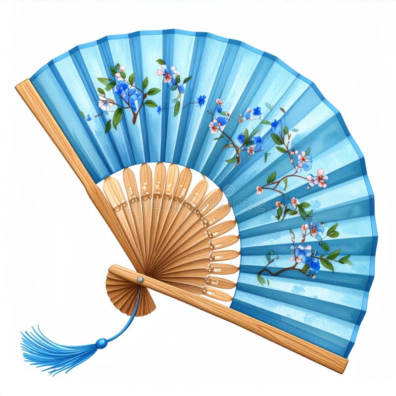Light Blue Floral Hand Fan with Wooden Frame Stock Illustration ...