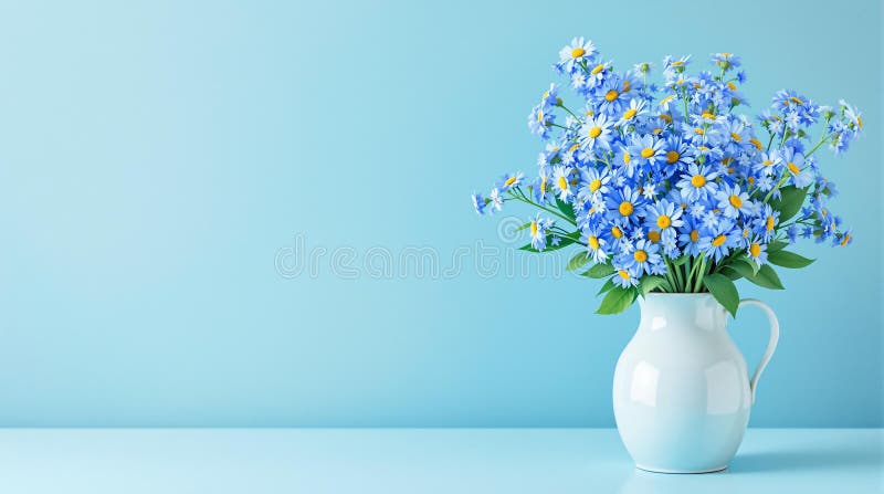 Light Blue Flowers in Vase Against a Light Blue Background Stock ...