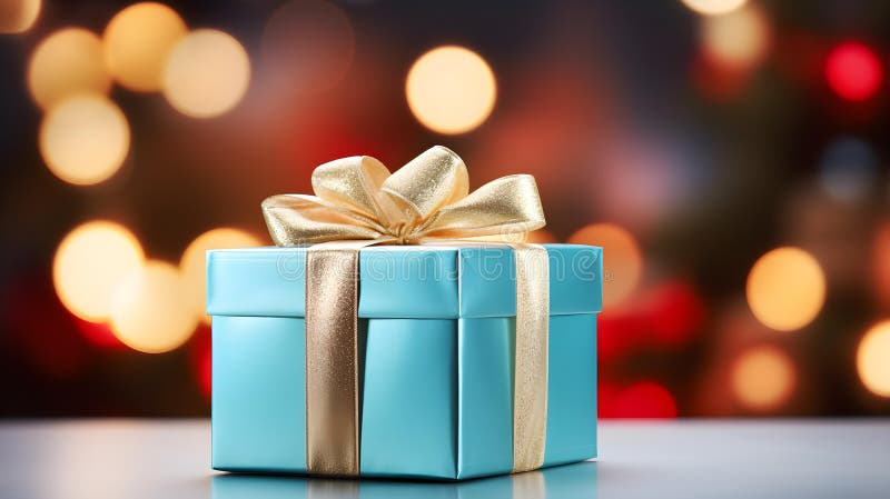 Light Blue Gift Box in Front of a Blurred Christmas Background. Festive ...