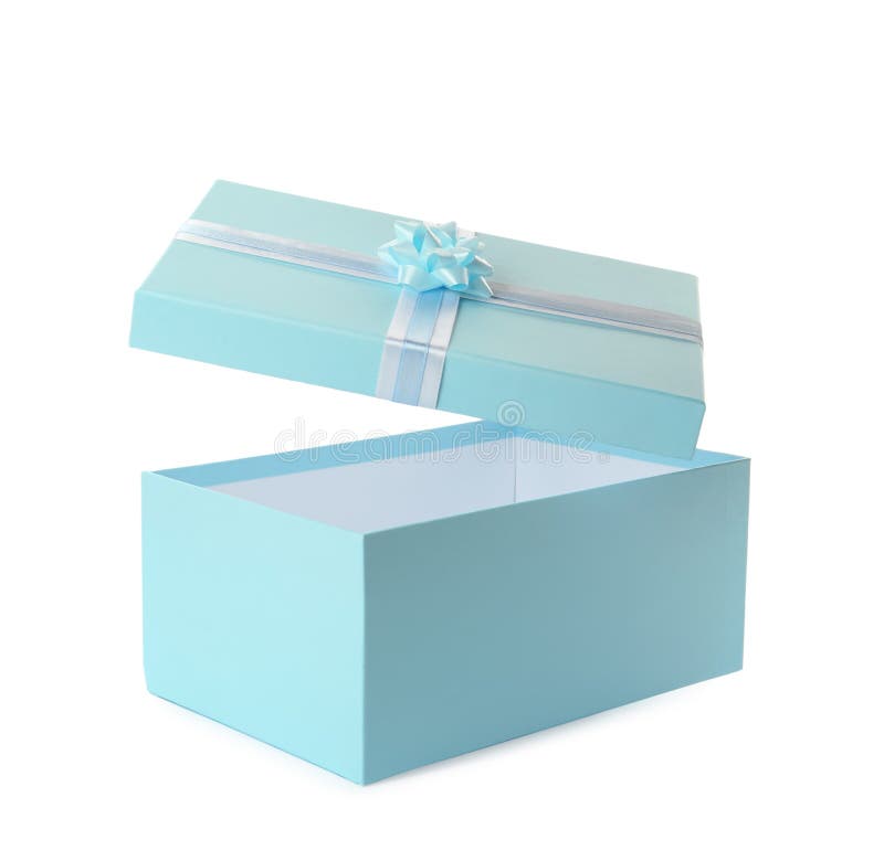 Light Blue Gift Box and Lid with Bow on White Background Stock Image ...