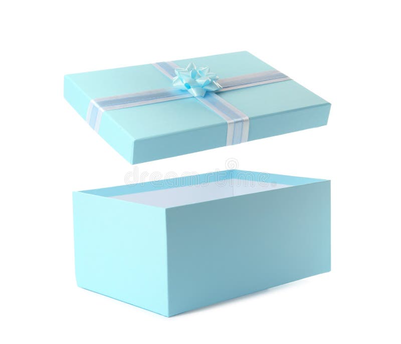 Light Blue Gift Box and Lid with Bow on White Background Stock Photo ...