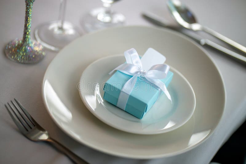 Light Blue Gift Box on the Plate Stock Image - Image of blue, detail ...