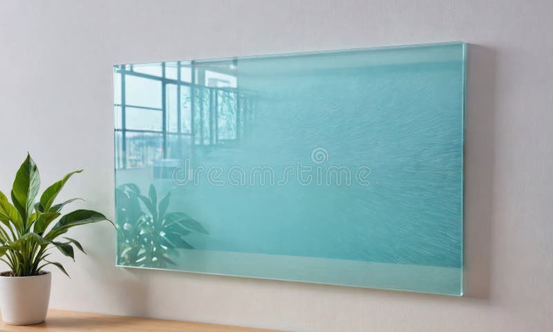 A Light Blue Glass Panel is Mounted on a White Wall in an Office or ...
