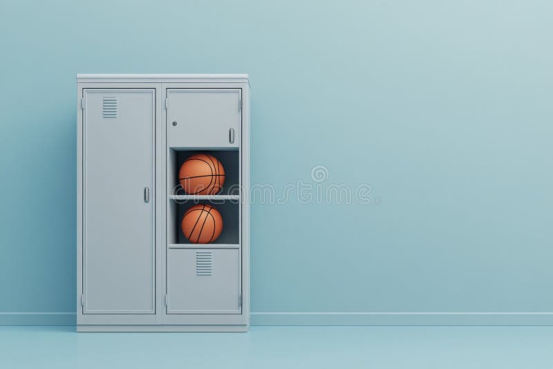 Simple Locker Storage with Basketballs Against a Light Blue Background ...