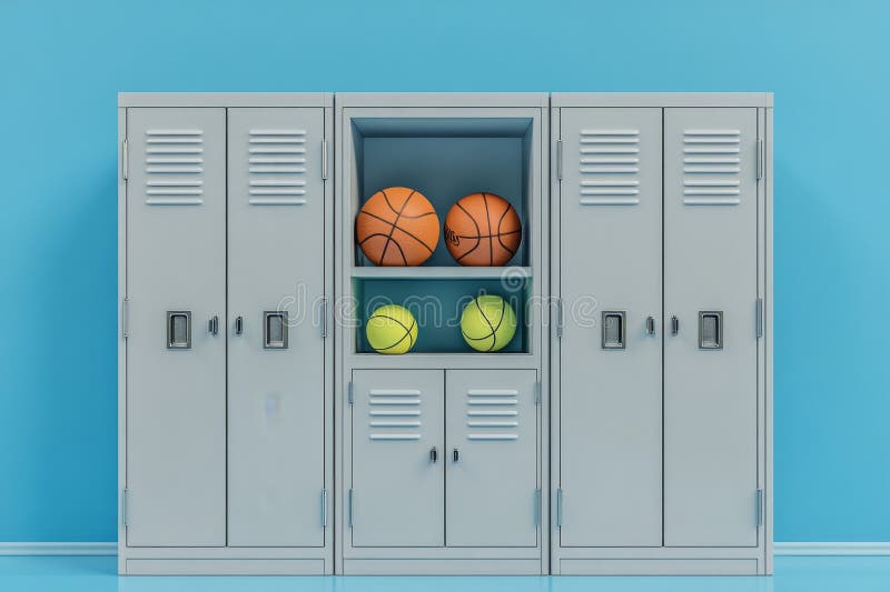 Simple Locker Storage with Basketballs Against a Light Blue Background ...