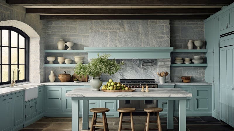 Light Blue Kitchen Cabinets with Marble Worktops and Arched Stone ...