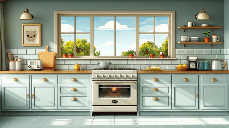 Light Blue Kitchen with White Stove and Large Window Stock Image ...