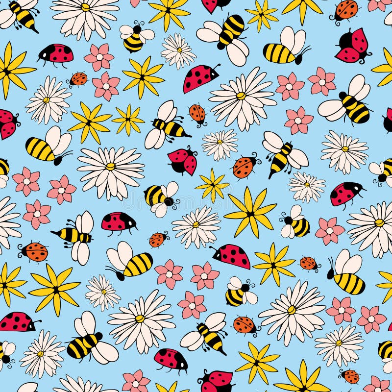 Light Blue Ladybugs and Bees Seamless Pattern Background. Summer ...
