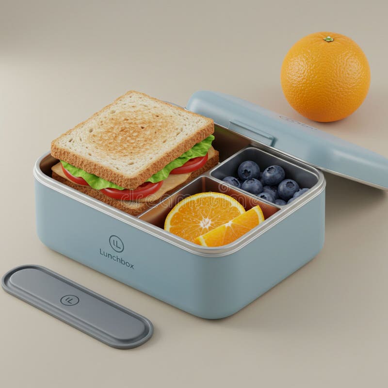 Light Blue Lunchbox with Three Compartments: a Sandwich with Lettuce ...