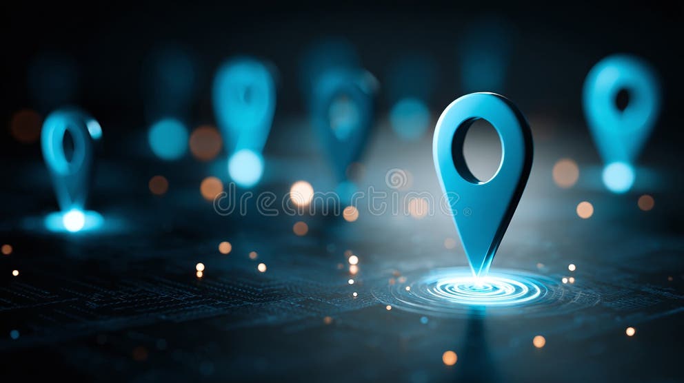 Light Blue Map Pins Glow on Textured Surface with Abstract Wave Effect ...