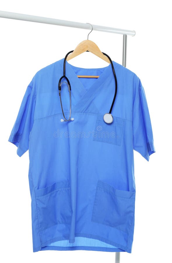 Light Blue Medical Uniform and Stethoscope on Rack Against White ...