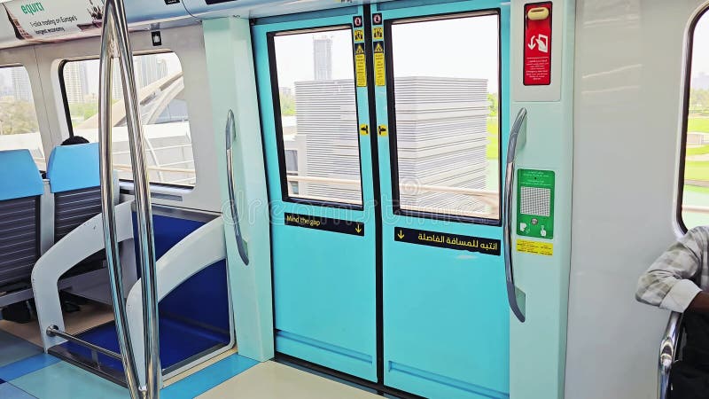 Light Blue Metro Train Interior with Closed Doors, Showing a Golf ...