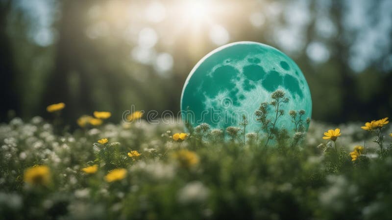 _A Light Blue Moon with a Smooth Surface the Moon is Orbiting a Green ...