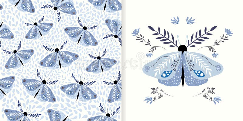 Bohemian Collection with Blue Moths and Flowers, Seamless Pattern and ...