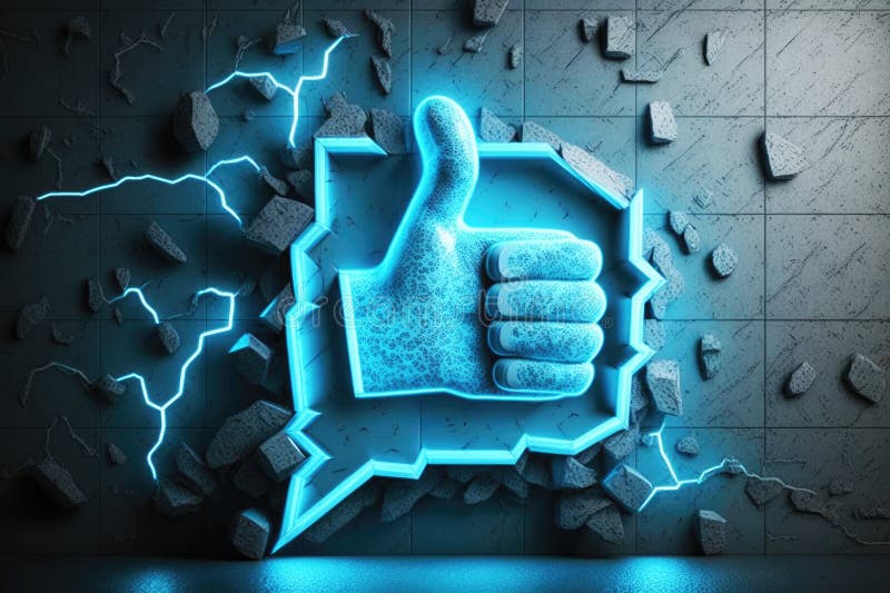 Light Blue Neon Electric Thumb Up Symbol on the Black Wall Stock ...