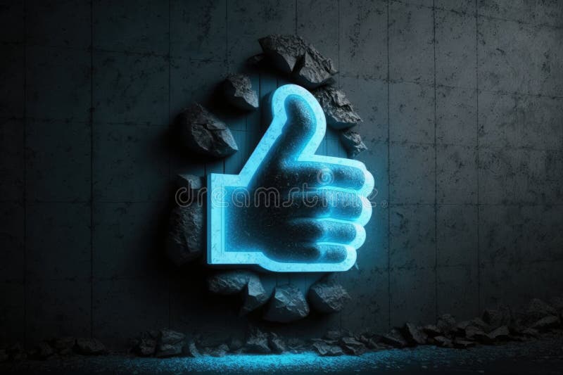 Light Blue Neon Electric Thumb Up Symbol on the Black Wall Stock ...