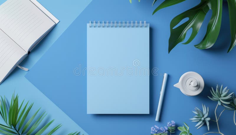 Light Blue Notepad and Pen on a Blue Table Surrounded by Plants and a ...
