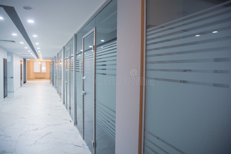 Light Blue Office Corridor with Glass Door Stock Image - Image of ...