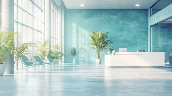 In a Light Blue Office Setting, a Modern Minimalist Reception Desk is ...