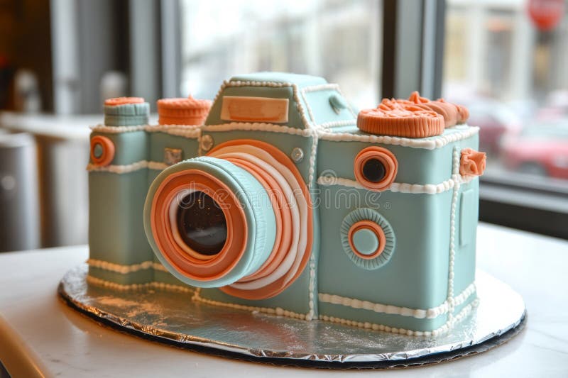 Light Blue and Orange Camera-shaped Cake Resting on a Silver Cake Board ...