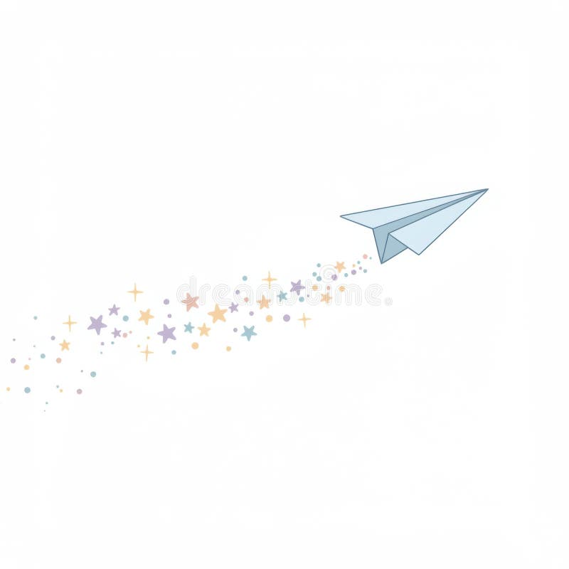Light Blue Paper Airplane Flying with Pastel Stars on White Background ...
