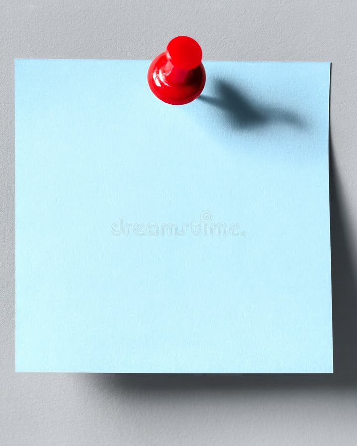 Light Blue Paper Note with a Red Push Pin on Grey Wall Close Up Studio ...