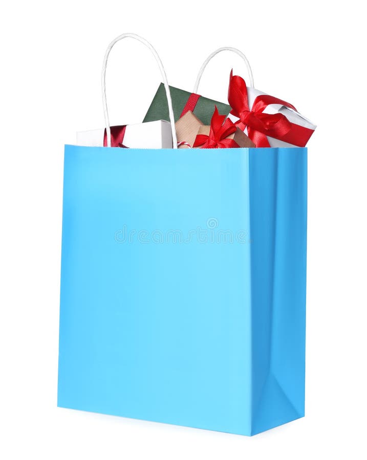 Light Blue Paper Shopping Bag Full of Gift Boxes on White Background ...