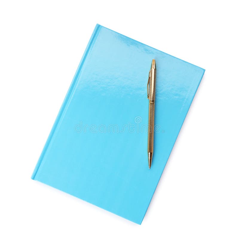 Light Blue Planner with Pen Isolated on White, Top View Stock Photo ...