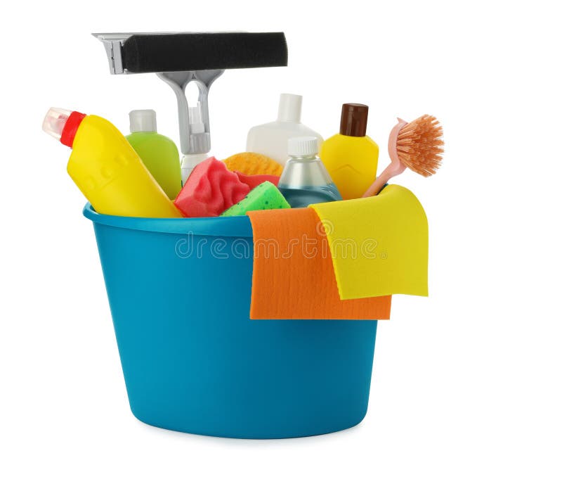 Light Blue Plastic Bucket with Cleaning Supplies and Tools Isolated on ...