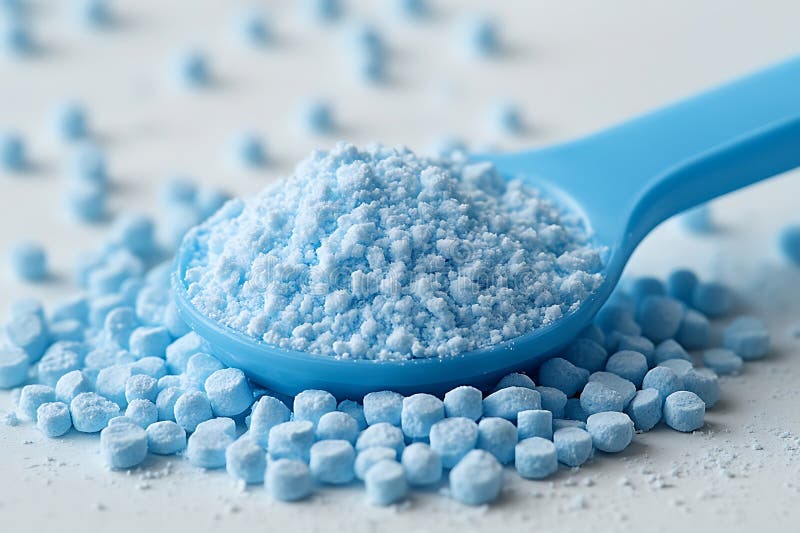 Light Blue Powder Fill in Spoon, Many Rounded Pellets Scattered on a ...