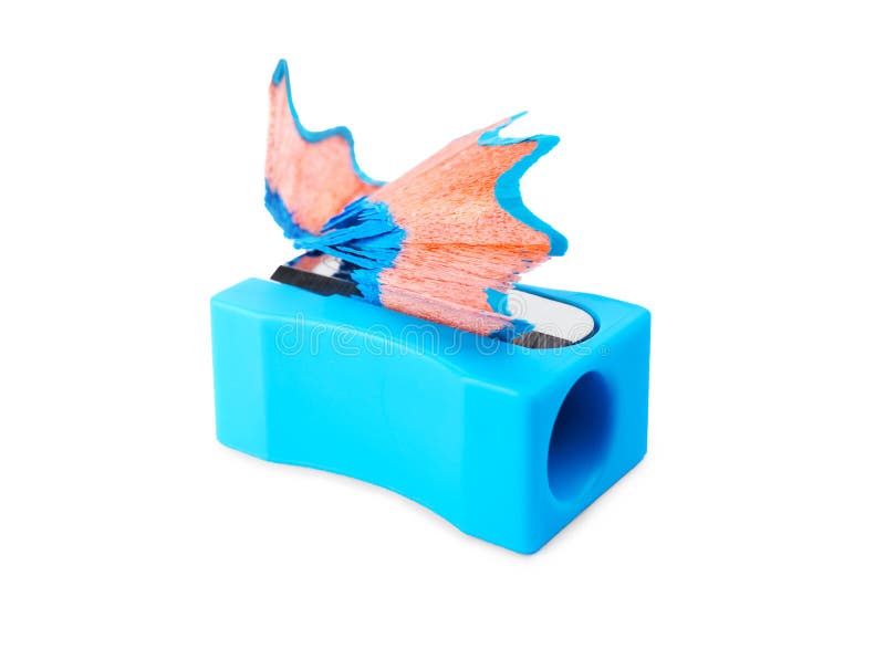 Light Blue Sharpener with Pencil Shavings on White Background Stock ...