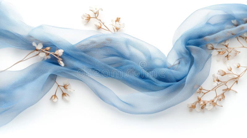 Light Blue Sheer Ribbon with Small White Floral Decorations on a White ...
