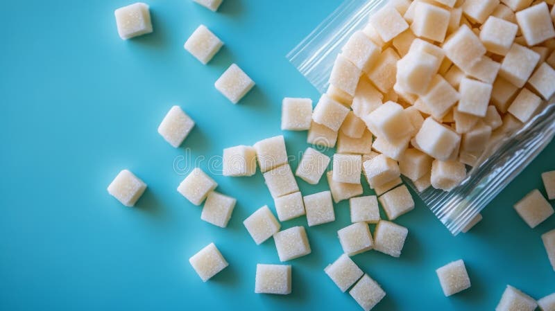On a Light Blue Surface, a Bag is Overturned and White Candy Cubes are ...