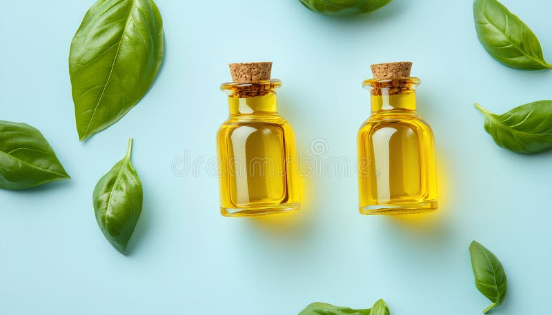 On a Light Blue Surface, Basil Leaves are Arranged Alongside Two Small ...