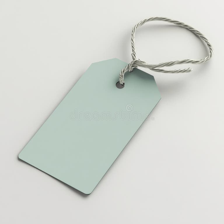 Light Blue Tag with Twisted Silver String, Angled on White Background ...